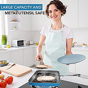 EaZy MealZ Square Non-Stick Grill Pan for Stove, Light weight, Perfect Grill Marks, Oven Safe up to 500 Degrees, Large, 10.5" Blue