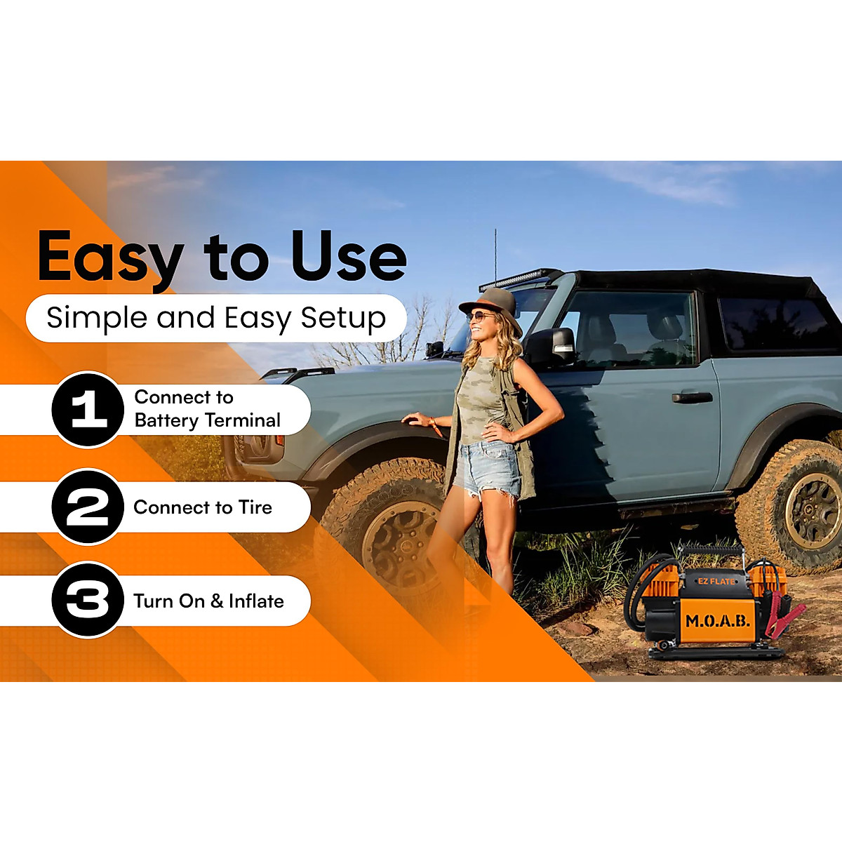 EZ FLATE M.O.A.B. Dual Air Compressor for 4x4 Offroad Vehicles, Fast Inflation, 12V Power, Easy to Use, Storage Bag