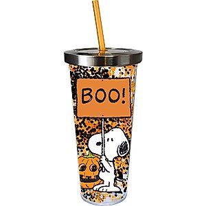 Spoontiques - Glitter Filled Acrylic Tumbler - Glitter Cup with Straw - 20 oz - Stainless Steel Locking Lid with Straw - Double Wall Insulated - BPA Free - Peanuts Halloween Drinking Cup
