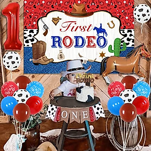 Cowboy 1st Birthday Decorations, First Rodeo Birthday Party Decor Blue, First Rodeo Birthday Backdrop Western Theme Balloons, Cow One High Chair Banner for Western Cowboy Birthday Party Supplies
