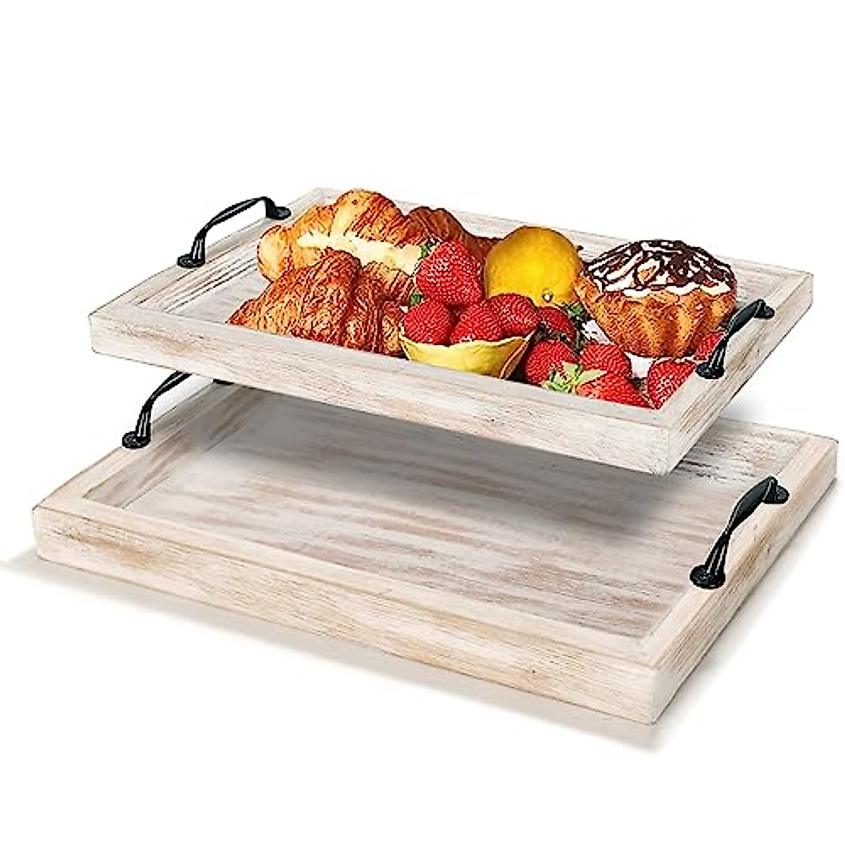 Set of 2 Rustic Farmhouse Wooden Serving Tray with Handles, Nesting White Decorative Trays for Coffee Table Ottoman Kitchen Bed Dining Table Centerpiece Rectangular Tray for Food Fruits Coffee Candles