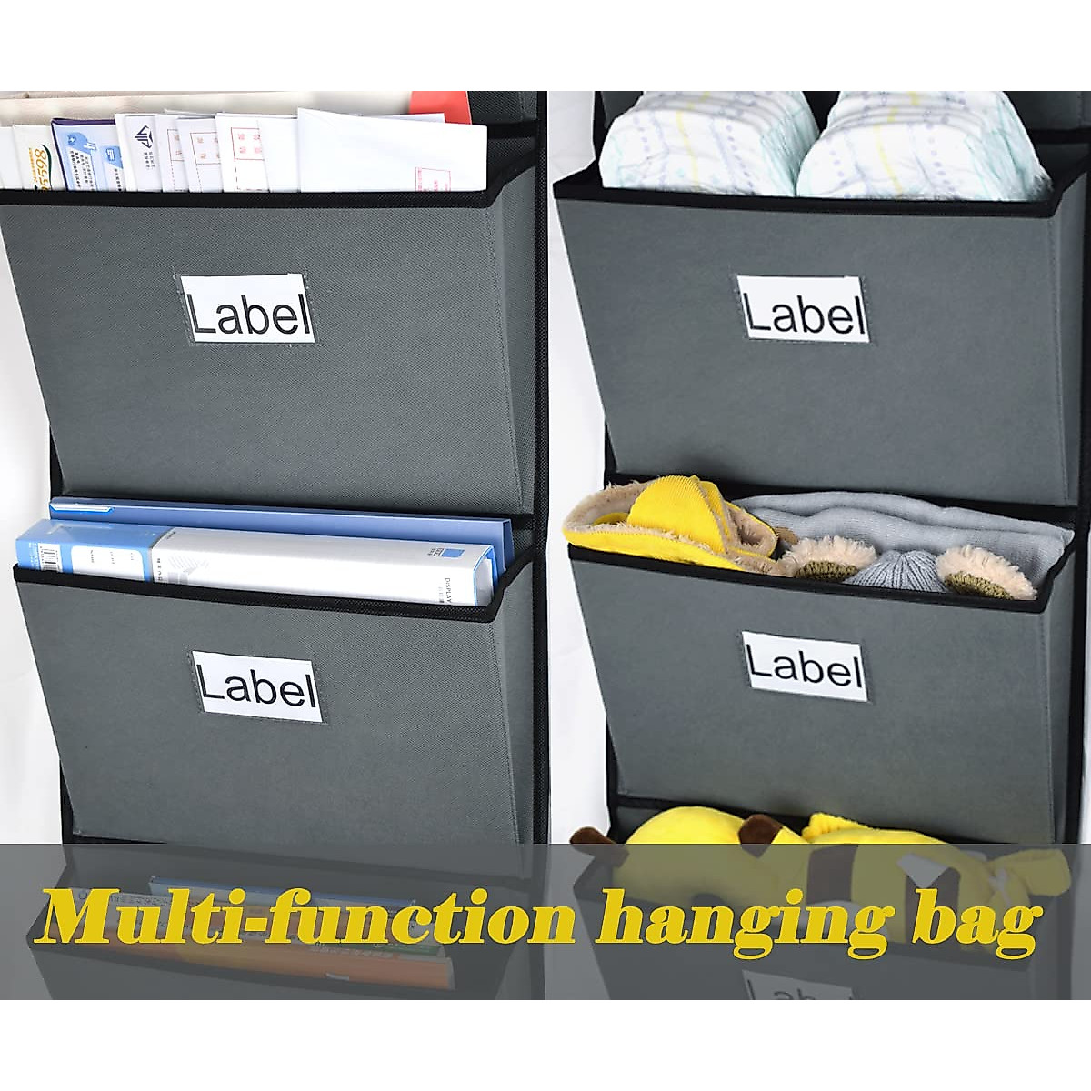 VAKMRVE Over the Door Hanging File Organizer 5 Extra Large Pockets Wall Hanging File Folders Organizer Holders,Home Office Supplies Storage Pocket Chart for Paper Mails Planners Notebooks,Gray