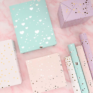 LaRibbons Wrapping Paper Roll - Hearts/Polka Dots/Stars (2 Kinds) Design for Birthday, Mother Day, Valentine's Day, Wedding, Baby Shower - 4 Rolls - 30 inch X 120 inch Per Roll