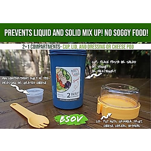 BSOV 2 in 1 Salad To Go Container Lid & Cereal Oats Yogurt Take Out Container with Fork & Dressing Pod, On the Go Portable Food Meal Prep Storage for Lunch and Jar, 3 Compartments (Pink)