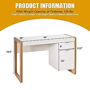 Tangkula White Desk with Drawer & Cabinet, Wooden Home Office Desk, PC Laptop Workstation Study Writing Desk, Ideal for Bedroom Home Office (White & Natural)