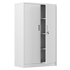 JINKUR Metal Storage Cabinet with Locking Doors and 3 Adjustable Shelves, 53.5-Inch Lockable Storage Cabinets for Home Office Garage Kitchen Pantry (White)