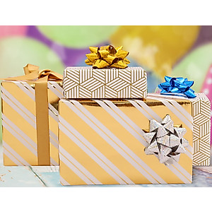 AUCLAY Reversible Wrapping Paper for Birthday Christmas Wedding Baby Shower Holiday - Gold Foil Stripe and Geometric Design - All Occasion Gift Wrap Paper Roll, 17.7 Inch X 33 Feet