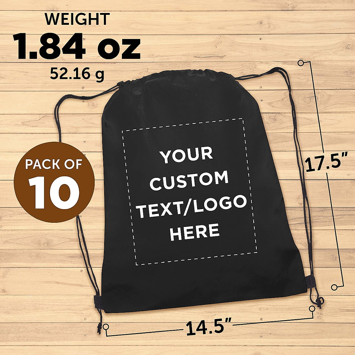DISCOUNT PROMOS Custom Non-Woven Drawstring Backpacks Set of 10, Personalized Bulk Pack - Bring Everywhere You Go, Great for Travelling, Gym and for Everyday Use - Black