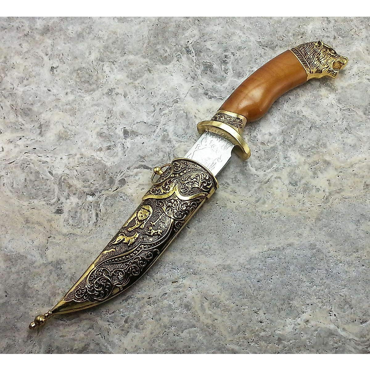 11" Bear Head Golden Fixed Blade Collectors Survival Hunting Knife W/Decorative Sheath by Survival Steel