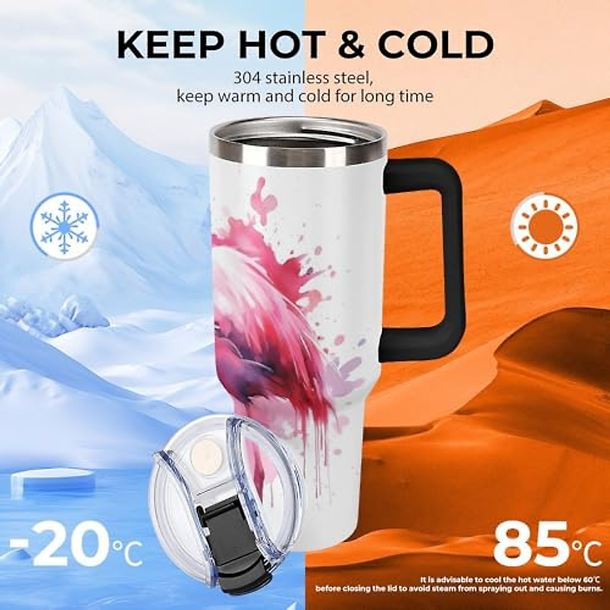 YTLKGFP 40 Oz Large Capacity Car Cup Flamingo Watercolor Tumbler with Handle (Black) Straw Lid Insulated Stainless Steel Water Bottle Travel Mug Leak-proof Car Cup Keeps Cold Or Hot