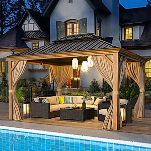 EROMMY 10'x12' Gazebo, Wood Grain Aluminum Frame Canopy with Double Galvanized Steel Hardtop Roof, Outdoor Permanent Metal Pavilion with Curtains and Nettings for Patio, Backyard and Deck