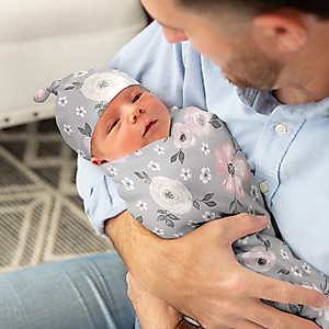 Sweet Jojo Designs Grey Watercolor Floral Baby Girl Cocoon Beanie Hat Set Jersey Stretch Knit Sleeping Bag Infant Newborn Nursery Sleep Wrap Sack - Blush Pink Gray Shabby Chic Rose Flower Farmhouse