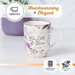 Christian Art Gifts Inspirational Ceramic Coffee & Tea Scripture Mug for Women: Be Still & Know Psalm Encouraging Bible Verse, Microwave & Dishwasher Safe Cute Cup, White, Purple & Teal Floral, 12 oz.