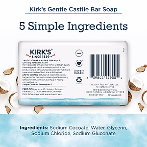 Kirk's Castile Bar Soap for Men, Women & Children - Made with Premium Coconut Oil, Sensitive Skin Formula, Vegan, Non GMO, Fragrance Free, 4 oz. Bars, 24 Pack