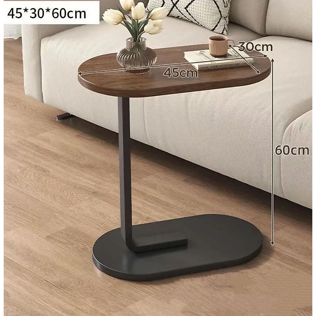 Rerii C Shaped Side Table, End Table for Couch - Sofa Snack Table with Metal Frame for Bedroom, Living Room & Small Spaces, Walnut & Black