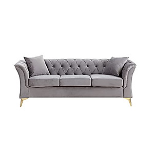 RUNWON 3 Seater 84.6'' Modern Chesterfield Curved Sectional Sofa Tufted Velvet 3 Seat Couch Button Tufed with Scroll Arms and Gold Metal Legs for Small Space Apartment Living Room, Grey