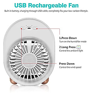 SISMEL Portable Misting Fan, 3 Speed Personal Small Desk Fan with 200ML Water Tank, USB Rechargeable Cooling Mist Fan with Colorful Nightlight, Battery Operated Fan for Bedroom Office Outdoors (White)