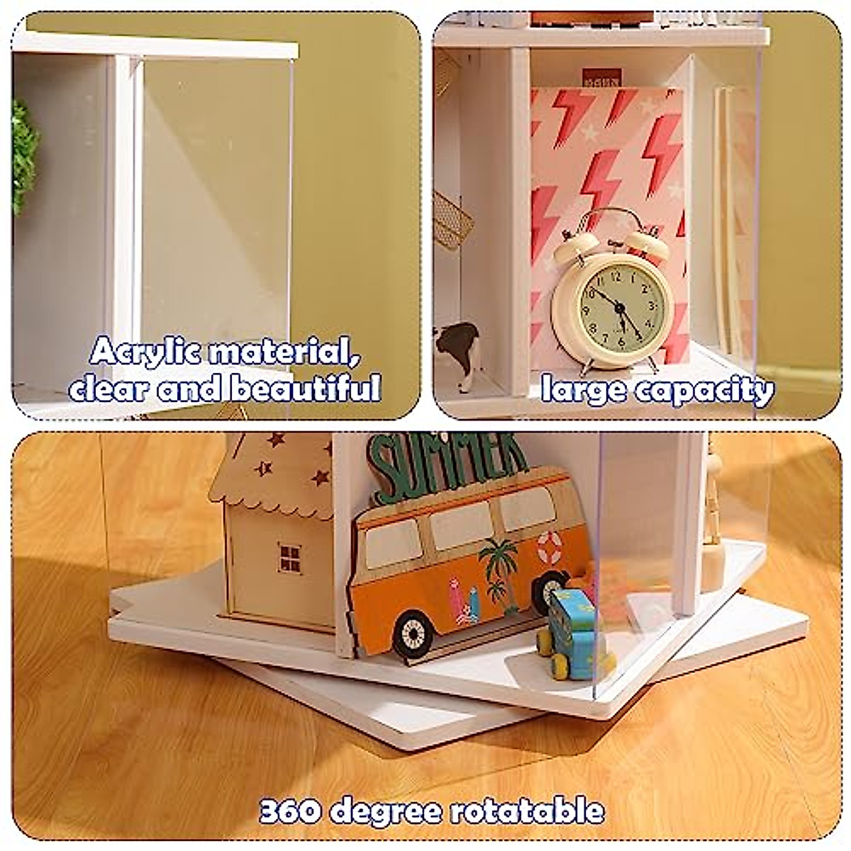 Wesiti 360 Degree 31.1 in Tall Rotating Bookshelf 3 Tier Floor Standing Bookcase with Acrylic Windows Spinning Plywood Storage Book Tower Revolving Bookcase for Kids Classroom Playroom Bedroom, White