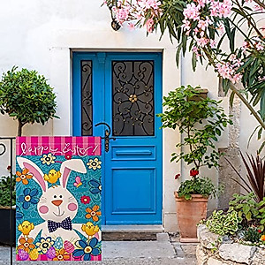 Happy Easter Garden Flag, Double Sided 12” x 18” Linen Tulip and Bunny Yard Flag for Spring Outside Yard Outdoor Farmhouse Easter Decorations (Blue)