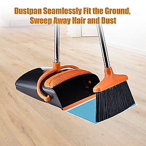 Broom and Dustpan Set with Long Handle, Windproof Stand Up Dustpan with Broom Combo for Home Kitchen Room Office Lobby Floor Use