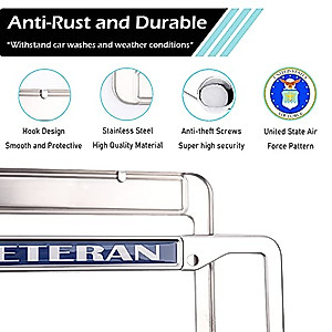 US Air Force Veteran License Plate Frames - Chrome Stainless Steel Car Tag Frame License Plate Holder (2PCS)