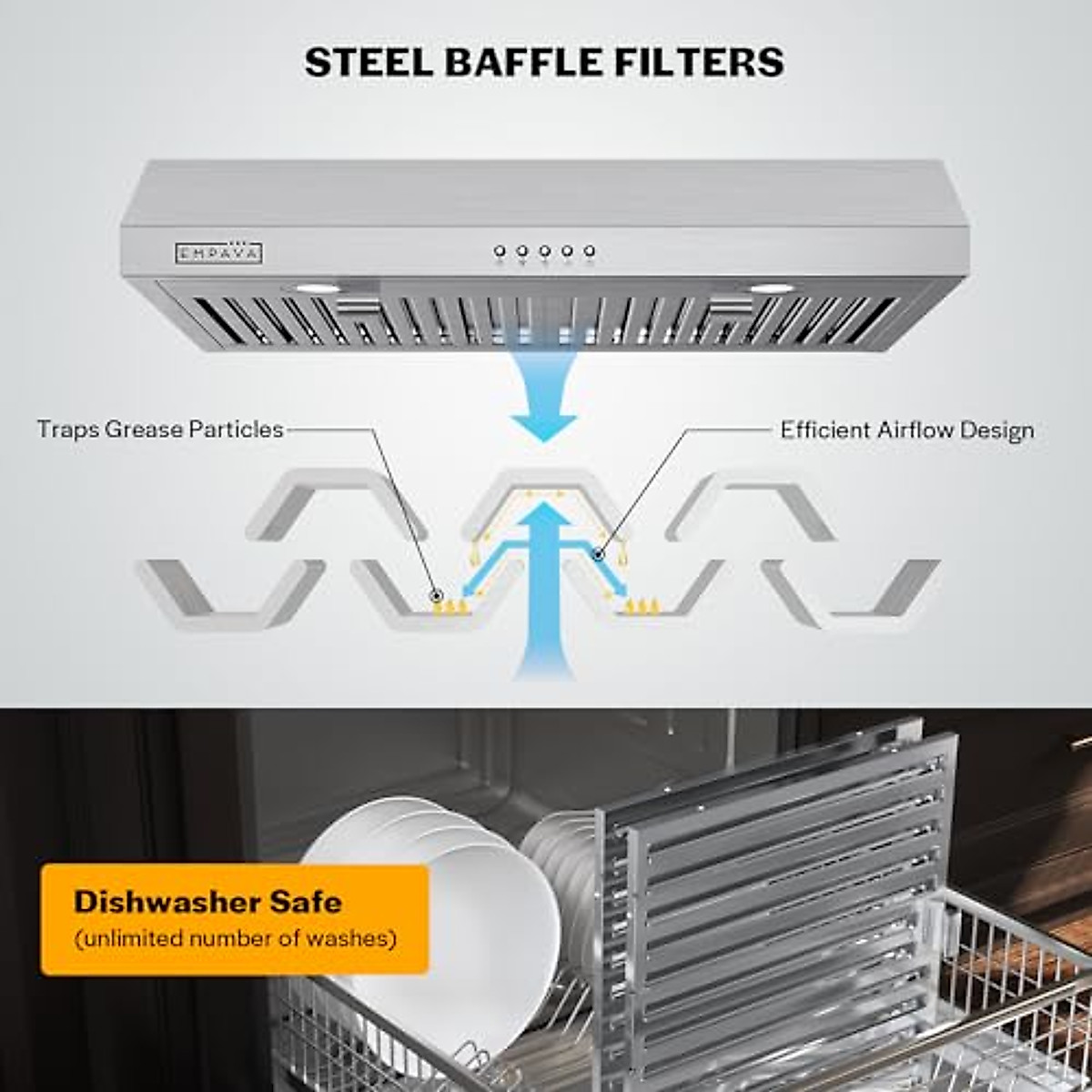 Empava Ductless Under Cabinet Range Hood 36 Inch, Convertible Ducted (Rear/Top Vent), 300 CFM, Push Button Plug in, Stainless Steel