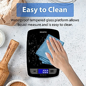 MEGATEK 22lb Digital Food Kitchen Scale Weight in Grams and Ounces for Baking and Cooking, 0.05 oz/1g Accuracy, Large Backlit LCD Display and Weighing Platform, Tempered Glass - Black