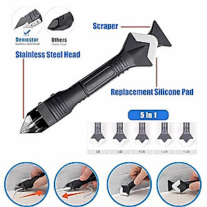 11Pcs Caulking Tools, 3 in 1 Silicone Caulking Finishing Tool Kit(stainless steelhead), Reuse and Replace 5 Silicone Pads, Sealant Caulk for Kitchen Bathroom Window, Sink Joint