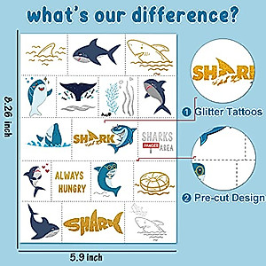 Partywind 34 Styles Metallic Glitter Shark Temporary Tattoos for Kids, Shark Ocean Theme Birthday Decorations Party Supplies Favors, Shark Fake Tattoos Stickers Game Gift Bag for Boys Girls