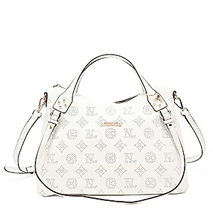 Nicole Lee Fashion Designer Logo Monogram Jolie Satchel, Faux Exotic Medium Top Handle Handbag with Crossbody Straps (White)