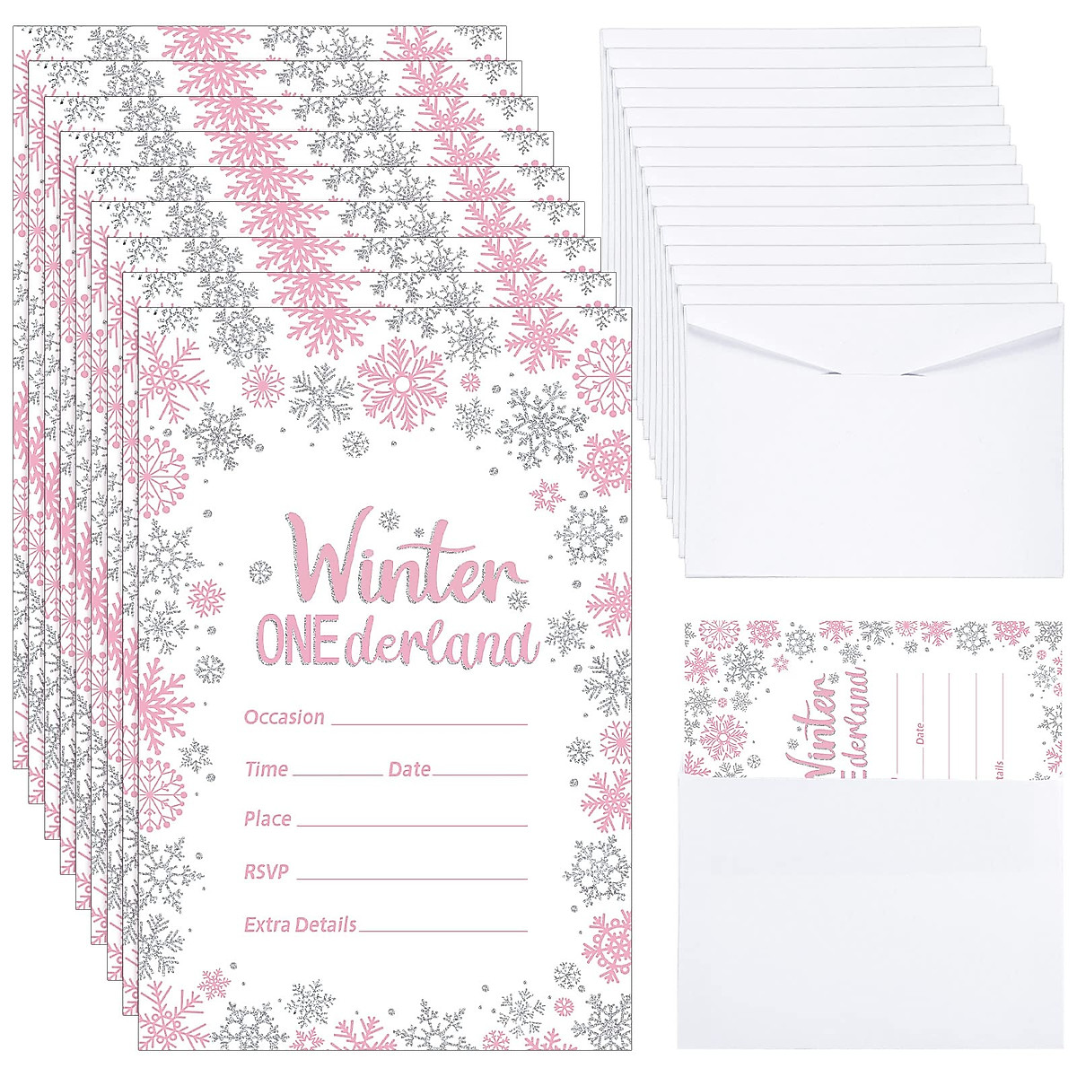 25 Pcs Winter Onederland Birthday Party Invitations with Envelopes First Birthday Decorations Winter Snowflakes Silver Pink Invitations for Holiday Winter 1st Birthday Party Supplies, 4 x 6 Inch