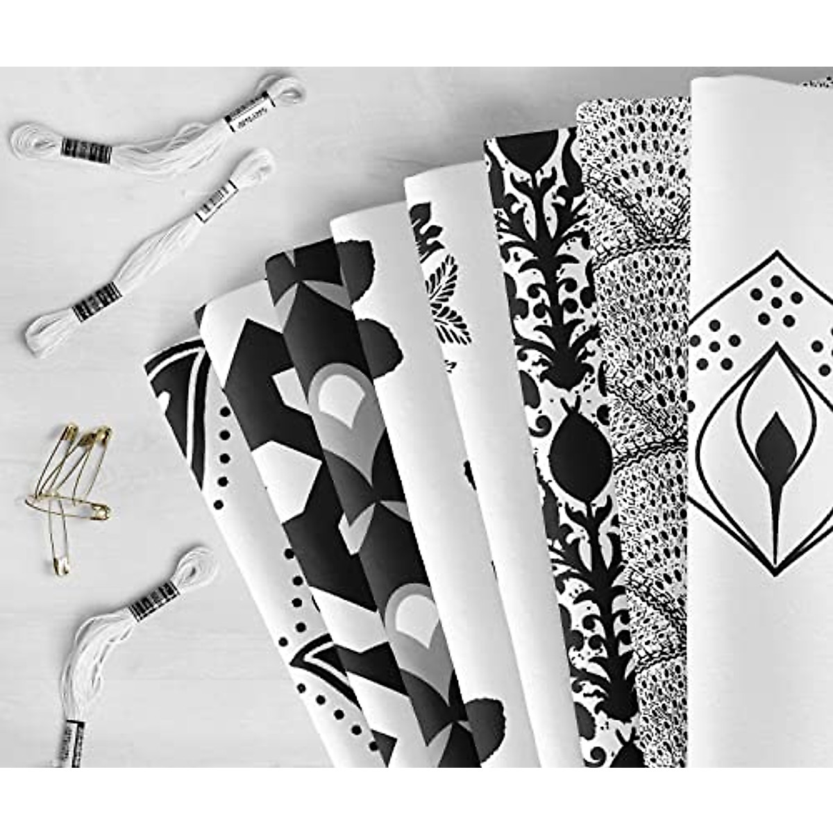 Soimoi 8 Pc Fat Quarter Bundle - Asian Block Print 18"x 22" DIY Patchwork- 100% Cotton Pre-Cut Quilting Fabric (White & Black)