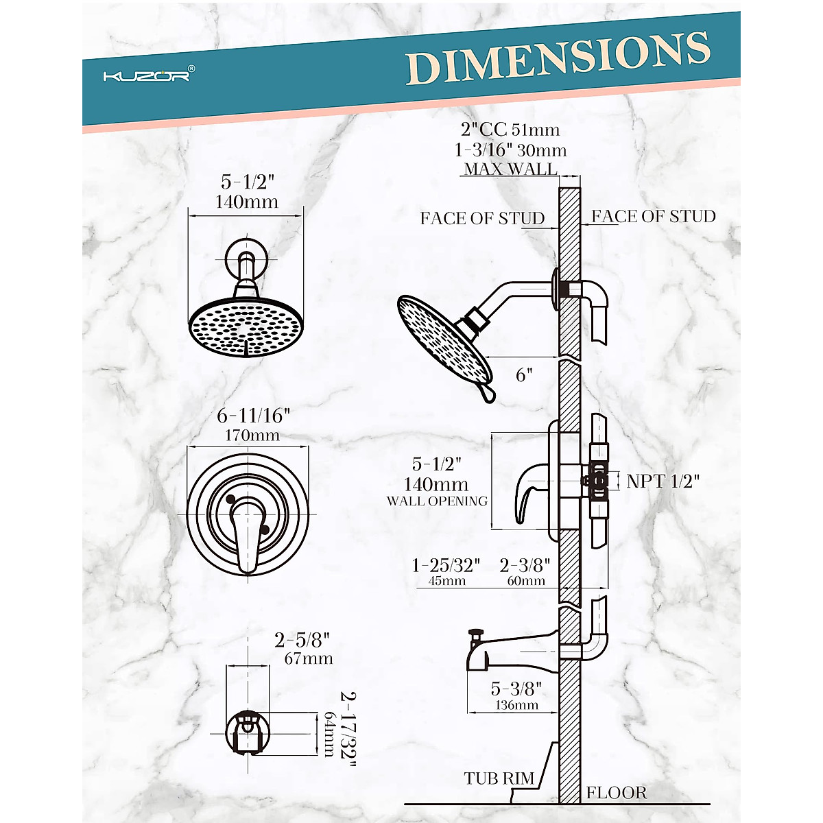 KUZOR 1PC Bathtub Shower Faucets Set, Brass With 304 Stainless Steels 5.5 inches 7 Setting Spray Shower Head, Efficient, Dense Water Flow, Anti-Scald - Bathroom/Shower Room - Matte Black