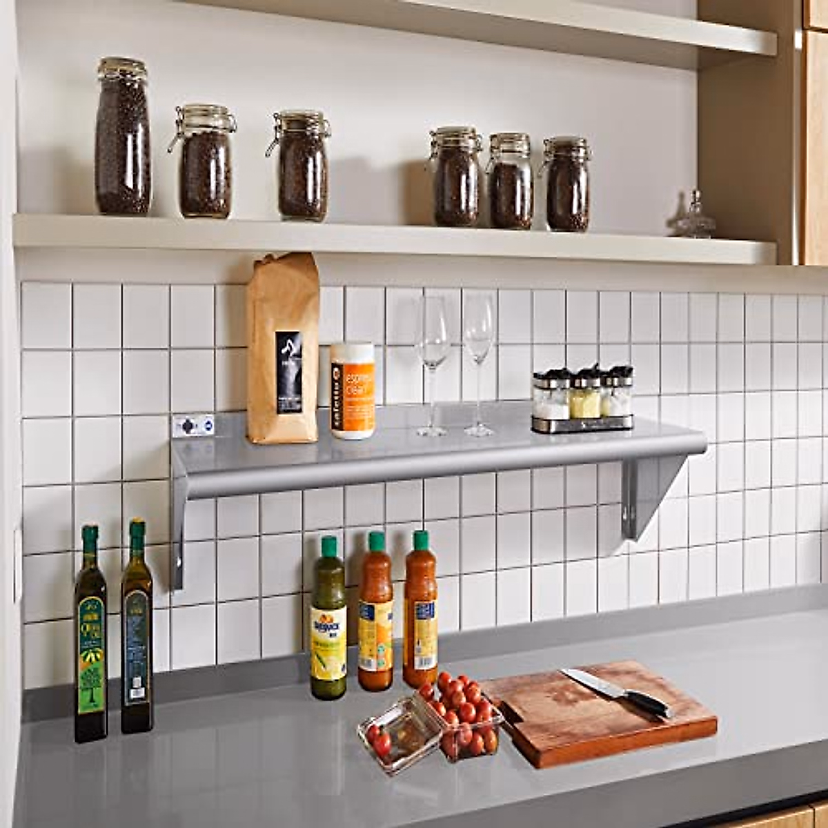 Profeeshaw NSF Stainless Steel Shelf 12” x 48”, 280 lb Commercial Shelves Wall Mounted Metal Shelving with Backsplash and 2 Brackets for Restaurant, Bar, Utility Room, Kitchen and Garage