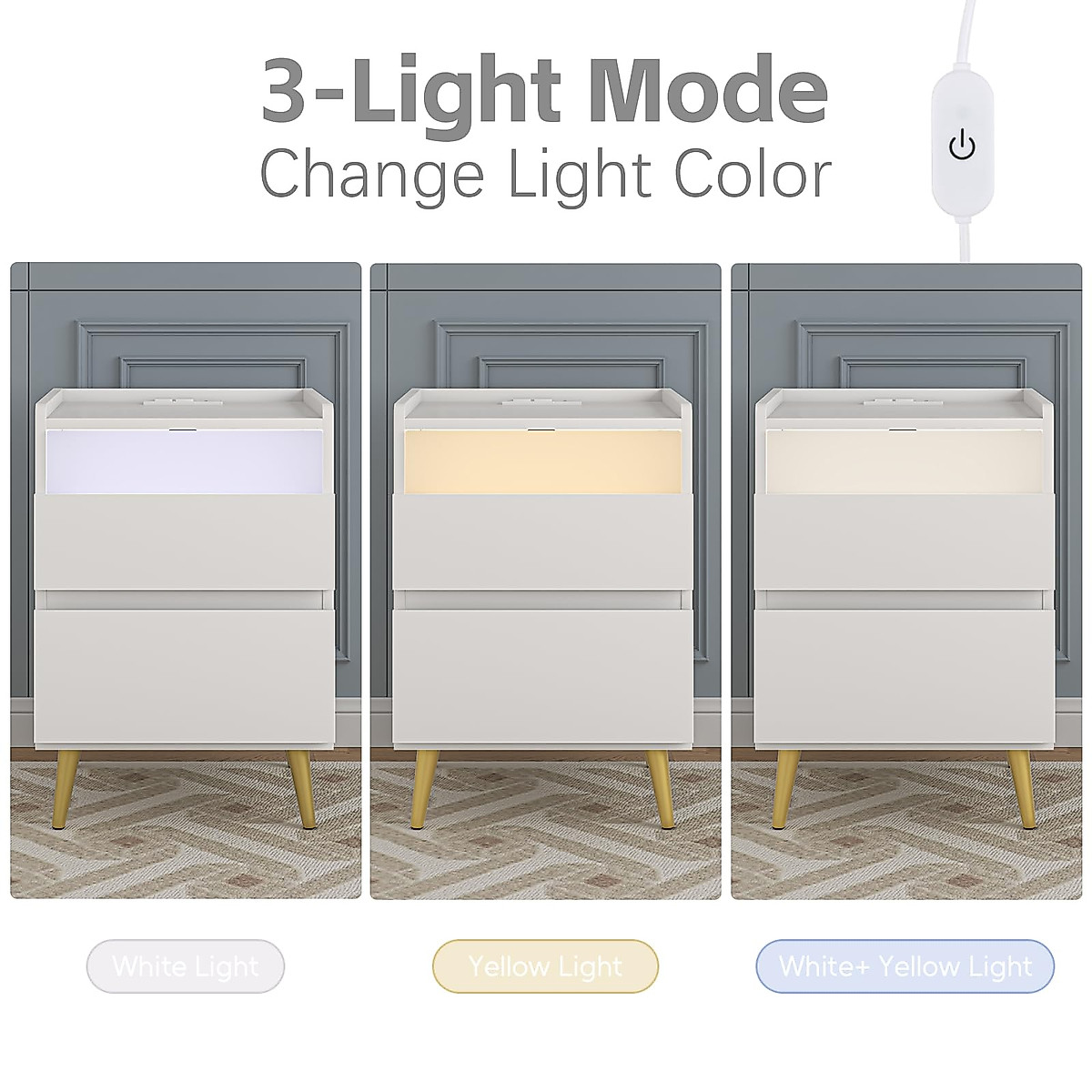 Nightstand with Charging Station, Bedside Table with USB & Type-C Port, Modern End Table with 2 Drawers for Bedroom Furniture, White