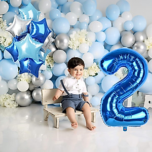 2nd Birthday Balloon for Boys, 40 Inch Balloon Number 2 Dark Blue, Large Foil Mylar Star Two Balloon Light Royal Blue Silver, Helium Globos Azules 2 Balloon for Birthday Graduation Party Decoration