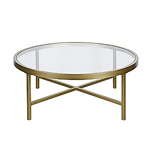 Henn&Hart 36" Wide Round Coffee Table with Glass Top in Brass, Modern coffee tables for living room, studio apartment essentials