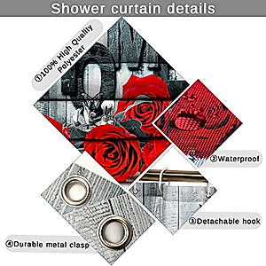 YOKYHOM Bathroom Sets, 3 Pcs Red Rose Bathroom Shower Curtain Sets with Rugs, Incl 71'' x 71'' Polyester Shower Curtain with 12 Hooks, 2 Pcs 30'' x 18'' Non Slip Bath Mats for Romantic Bathroom Decor