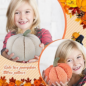 Juexica Halloween Stuffed Pumpkin Fluffy Plush Toy 3D Shaped Decorative Thanksgiving Pillow Soft Cute Throw, 11 Inch, 7 Inch(White, Orange, 2 Pcs)