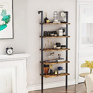AWQM 2PCS Ladder Bookshelf, 5-Tier Bookcase Wall Mounted Bookshelf with Metal Frame,Modern Ladder Shelf Bookcase Wall Shelves Open Display Storage Shelves for Home, Office,Black & Walnut