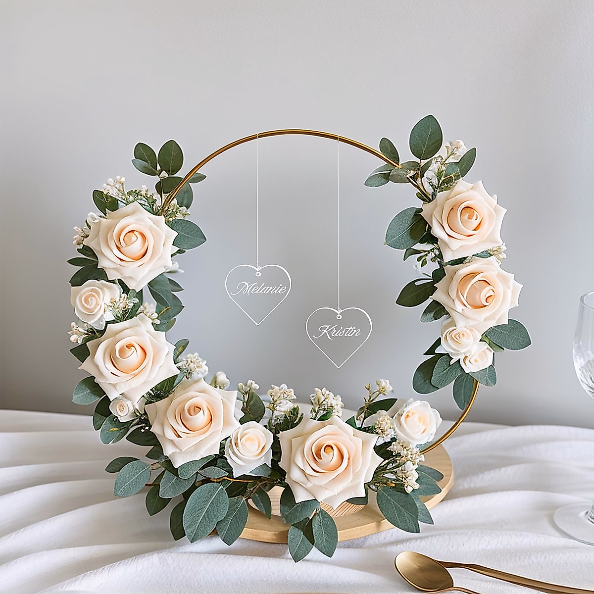 GUDELAK 12 Set 12 Inch Floral Hoop Centerpiece Table Decorations with 2 Heart Shaped Acrylic, Gold Wedding Centerpieces with Wood Round Base for DIY Wedding Decor Wall Hanging Crafts