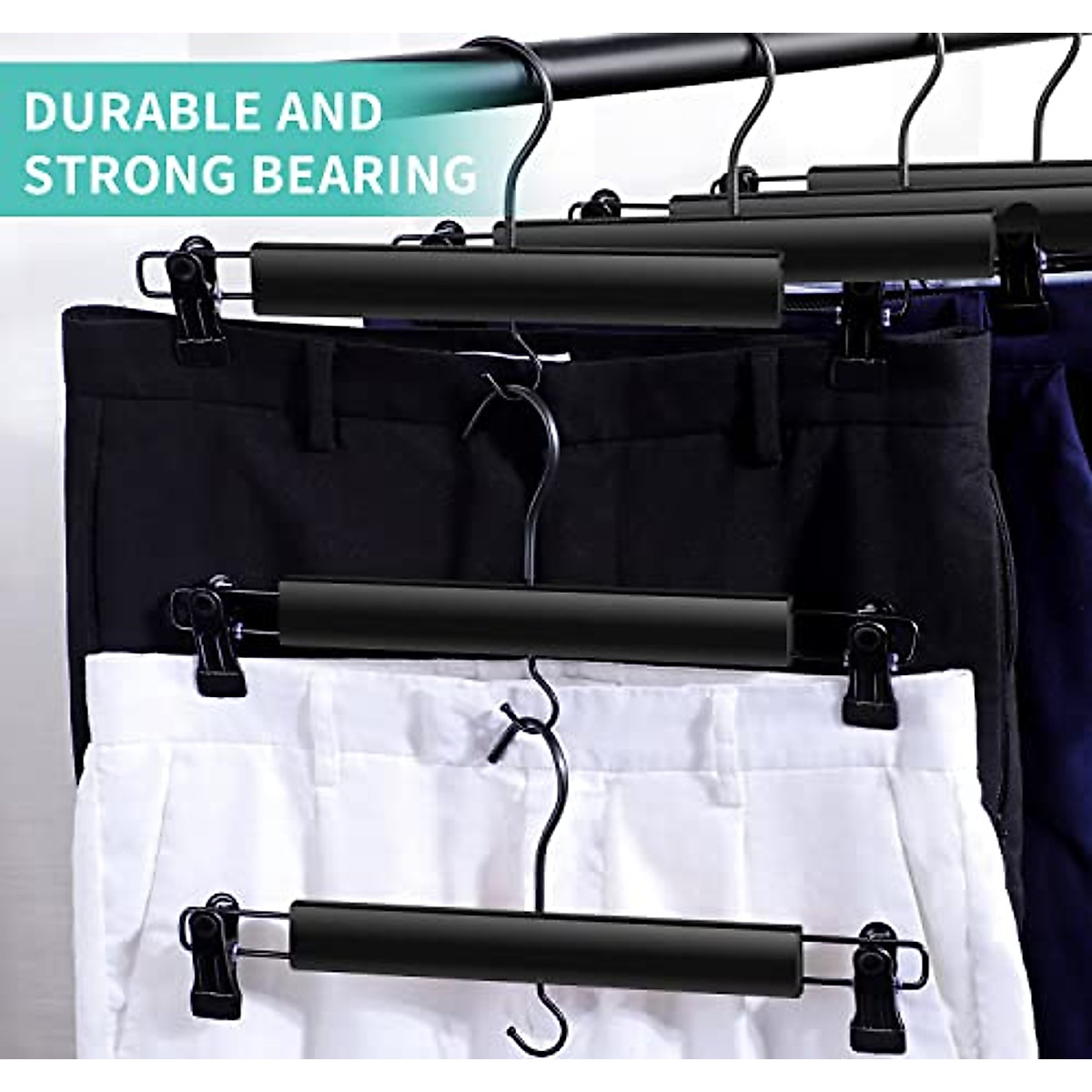 Perfecasa Premium Wooden Pants Hangers 10 Pack, Skirt Hangers with Noise Canceling Hook, Two Sure Grip Clips (Black Color)