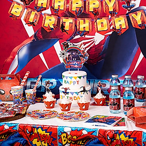 Birthday Party Supplies,186pcs Spider Theme Style Party Decorations Include Happy Birthday Banner,Backdrop,Tableware Set,Tablecover,Cake Toppers,Cupcake Toppers,Latex Balloons Set,Bottle Labels,Chocolate Stickers