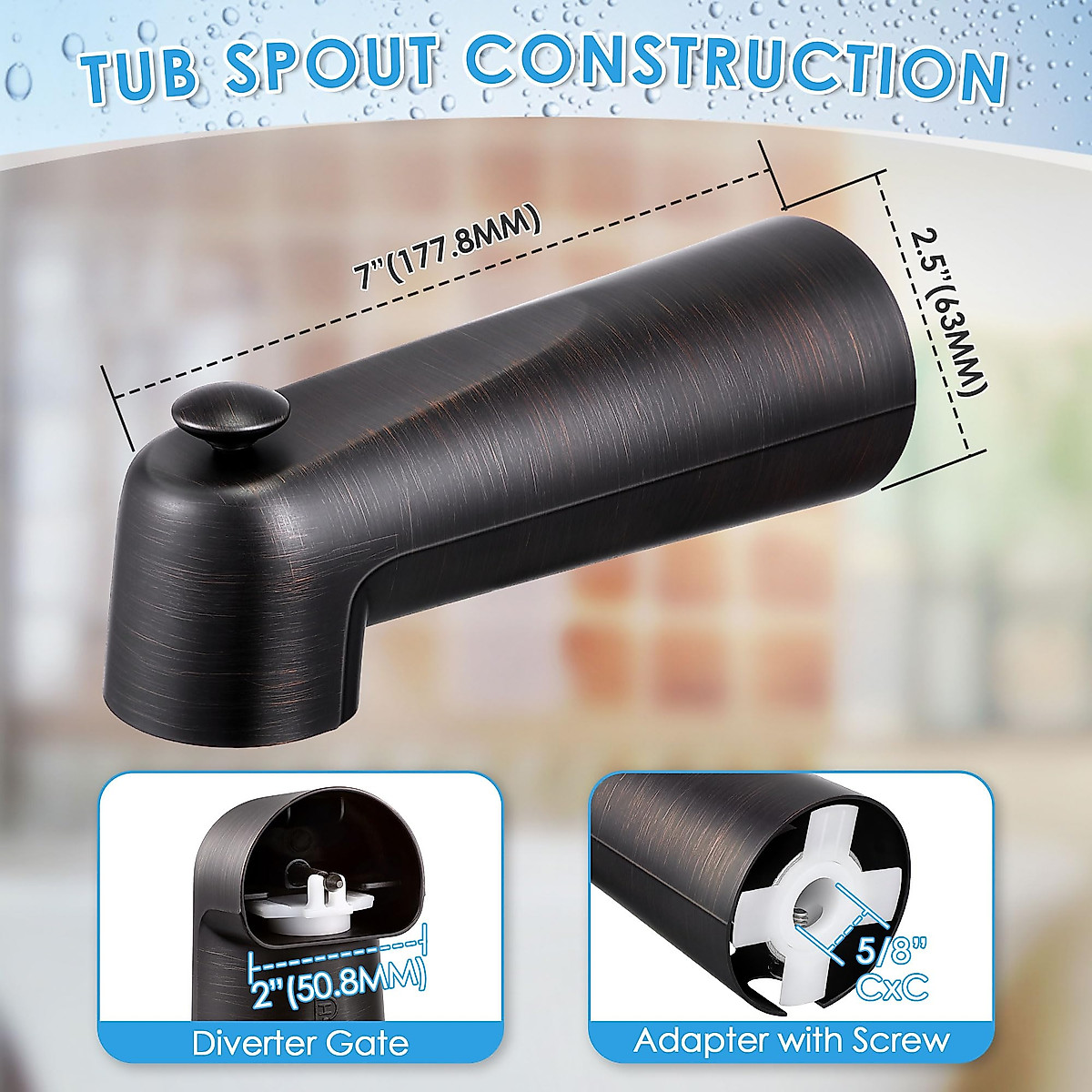 Enhon 7 Inch Slip on Tub Spout with Diverter, Compatible with Moen 3839/Moen 3853, Bathtub Diverter Spout Fits 1/2" Copper Water Tube(5/8" Diameter), 5/32" Hex Wrench(Oil Rubbed Bronze,Classic)