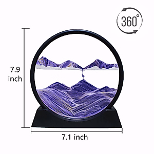 ANXUS Moving Sand Art Picture in Motion Round Glass 3D Deep Sea Sandscape Display Flowing Sand Frame, Sensory Relaxing Desktop Home Office Work Desk Decor(7", Purple)