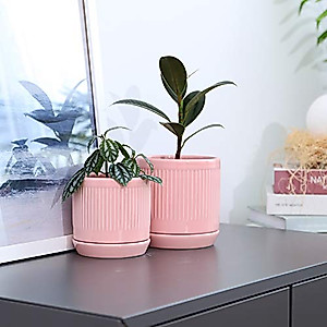 POTEY 053206 Ceramic Planter Pots - Glazed Modern Planters Flower Pot Indoor Bonsai Container with Drainage Holes & Saucer for Plants Aloe(5.1 + 4.2 Inch, Shiny Pink, Set of 2, Plants Not Included)