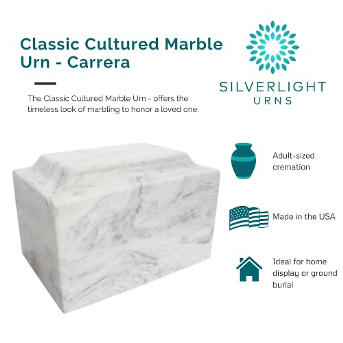 Carrera Classic Cultured Marble Cremation Urn for Ashes, Gray Urn, Grey, Adult Sized Cremation Urn for Human Ashes, Ground Burial, Home Memorial and Funeral Cremation Urn