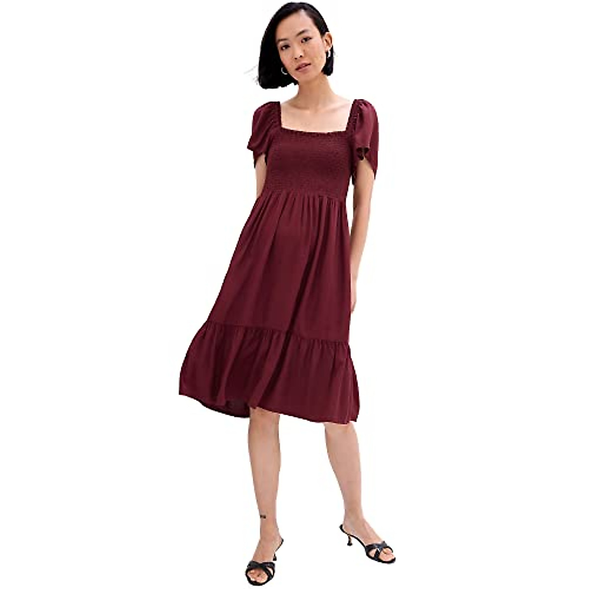 GAP Womens Short Sleeve Square Neck Midi Casual Dress, Cherry Oak, Small Petite US