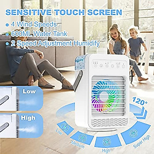 Portable Air Conditioner, Personal Air Cooler Mini with 2 Mists 4 Speeds, 120°Auto Oscillation, 600ML Tank, 2/4/6H Timer, 7 Colors Light, Evaporative Air Cooler Fan for Room Office Bedroom Camping