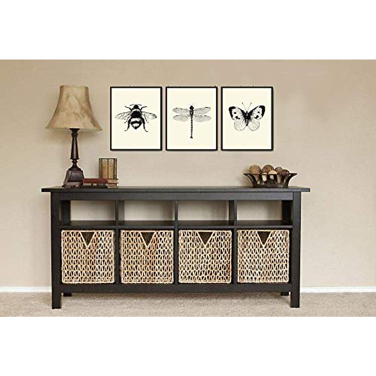 Bee Dragonfly Butterfly Wall Art Prints set of 3 Prints 8x10 - Unframed - Beautiful Black and White Illustration Ivory Natural Background Home Room Decor